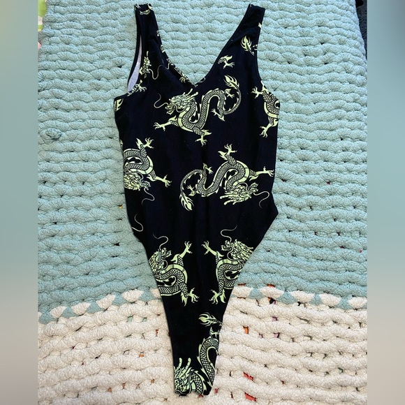 SHEIN | Tops | Shien Black Body Suit With Green Chineses Dragons Size Medium | Poshmark